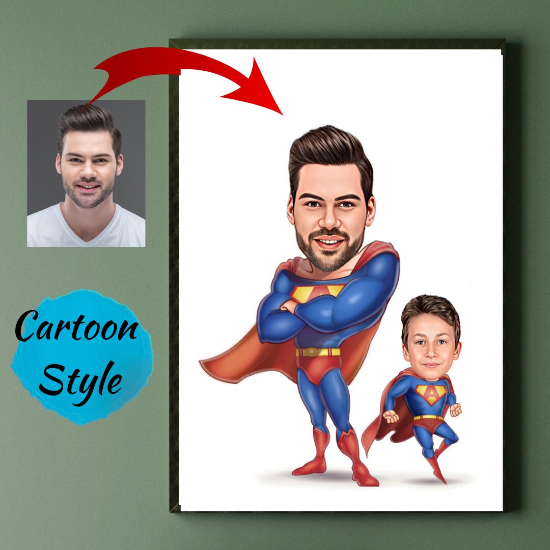 Custom Dad and Son Superhero Cartoon Portrait, Superhero Portrait, Gift ...