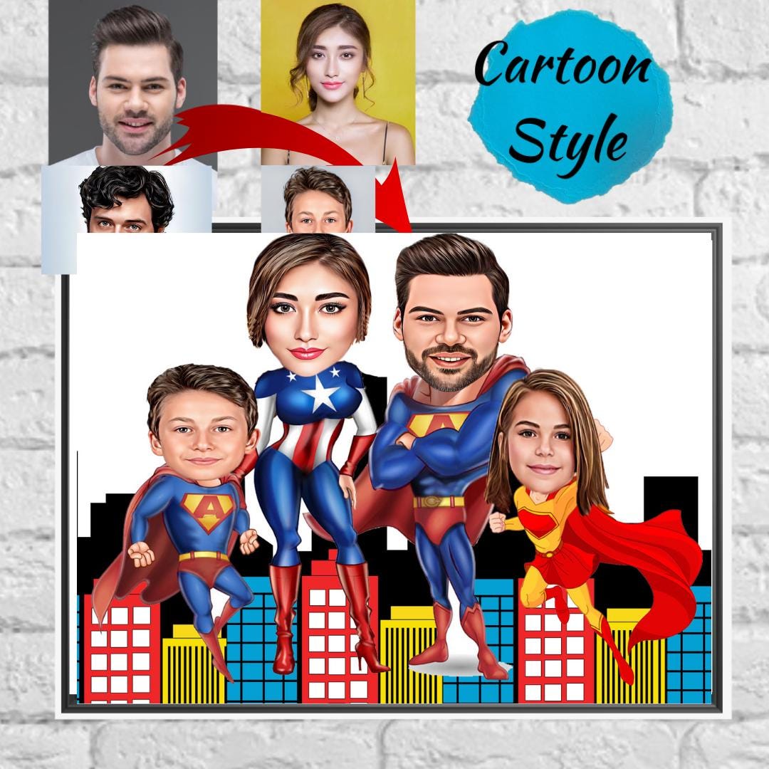 Custom Superhero Family Cartoon Portrait, Family Portrait, Family Gift ...