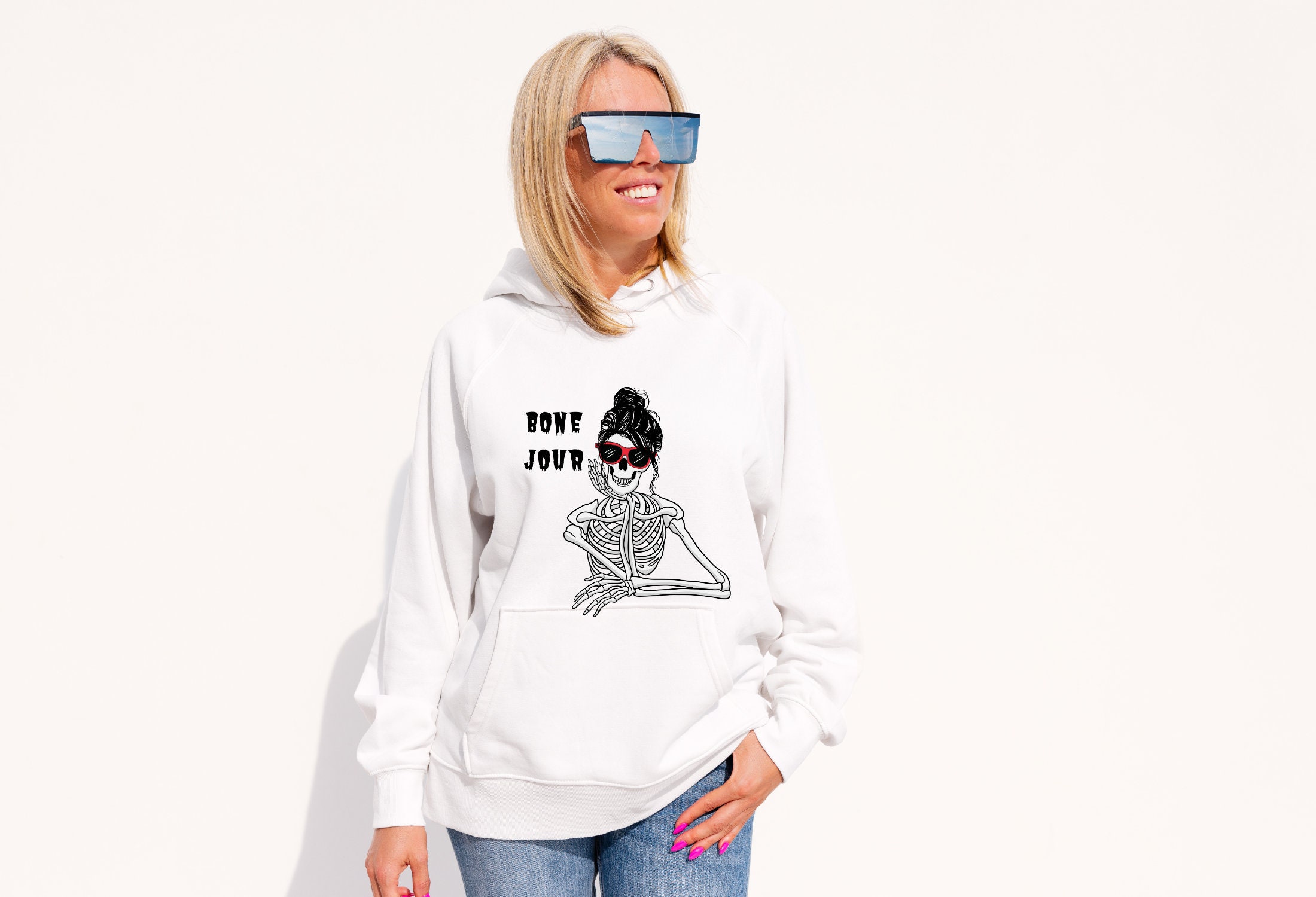 Bone Jour Svg, Funny Halloween Pun Svg, Funny Skeleton With Messy Bun and Red Glasses Svg, Png ...