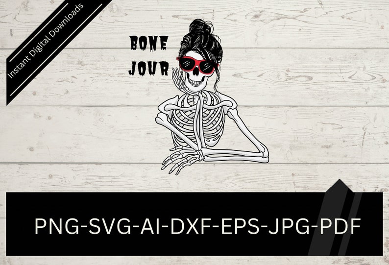 Bone Jour Svg, Funny Halloween Pun Svg, Funny Skeleton With Messy Bun and Red Glasses Svg, Png ...