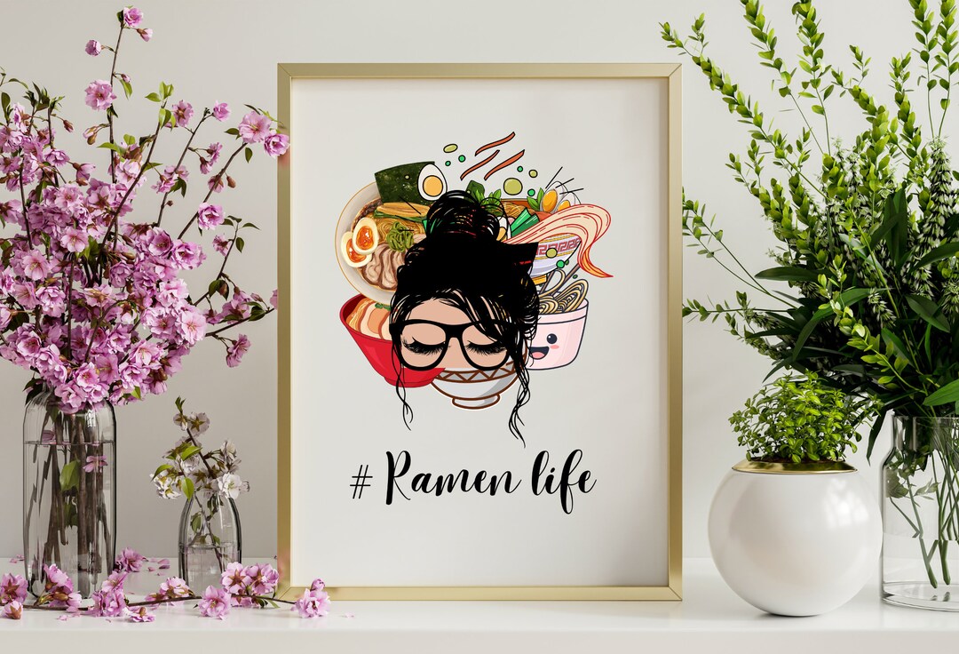 Ramen Life Illustration; A Closed Eyes Girl With Glasses and Messy Bun ...