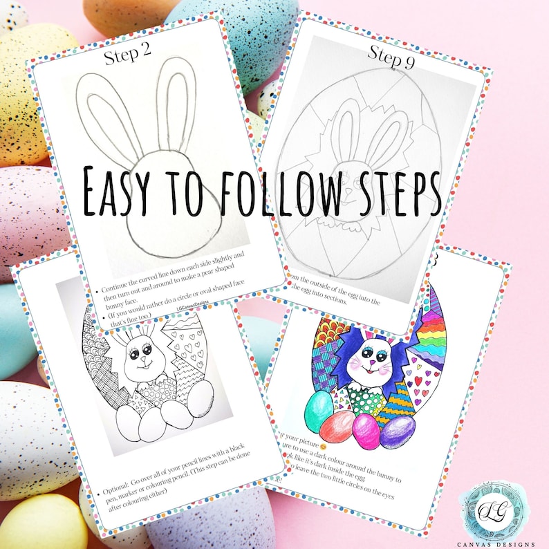 Step by Step Easter Bunny Art, Kids Easter Art Printable, Easter Bunny ...
