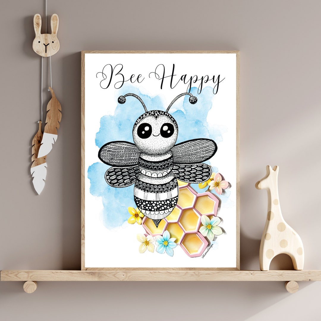 Bee Happy Digital Wall Art, Bee Digital Print, Insect Print, Zentangle ...