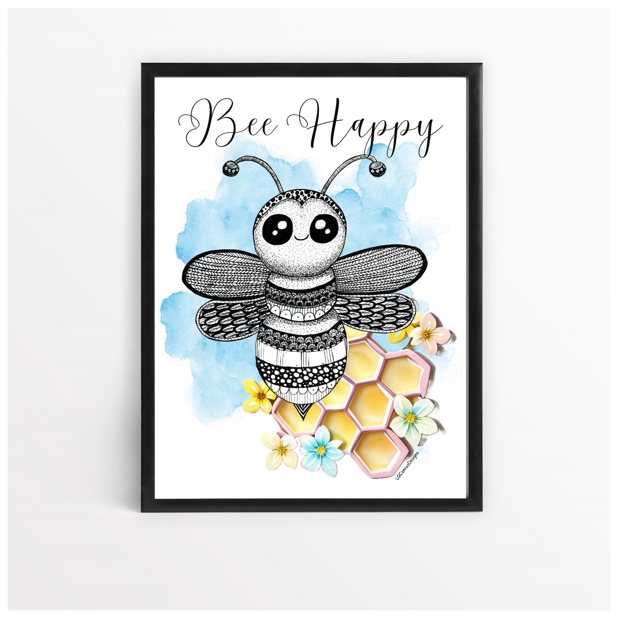 Bee Happy Digital Wall Art, Bee Digital Print, Insect Print, Zentangle ...