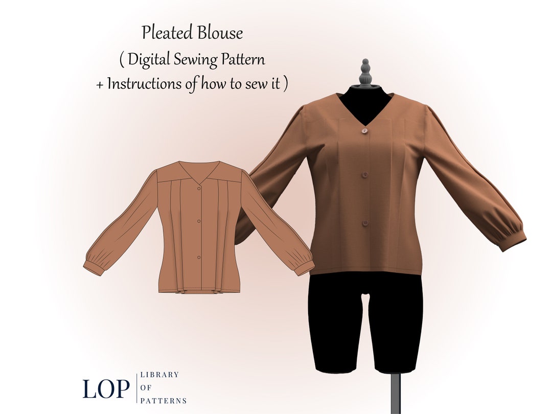 V-neck Pleated Top Pattern, Pleated Sleeves Shirt, Women Blouse PDF ...