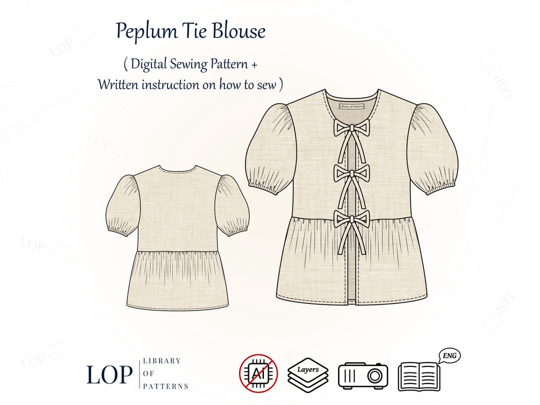 Peplum Tie Blouse Pattern, Puff Sleeves Blouse, PDF Sewing Pattern With ...
