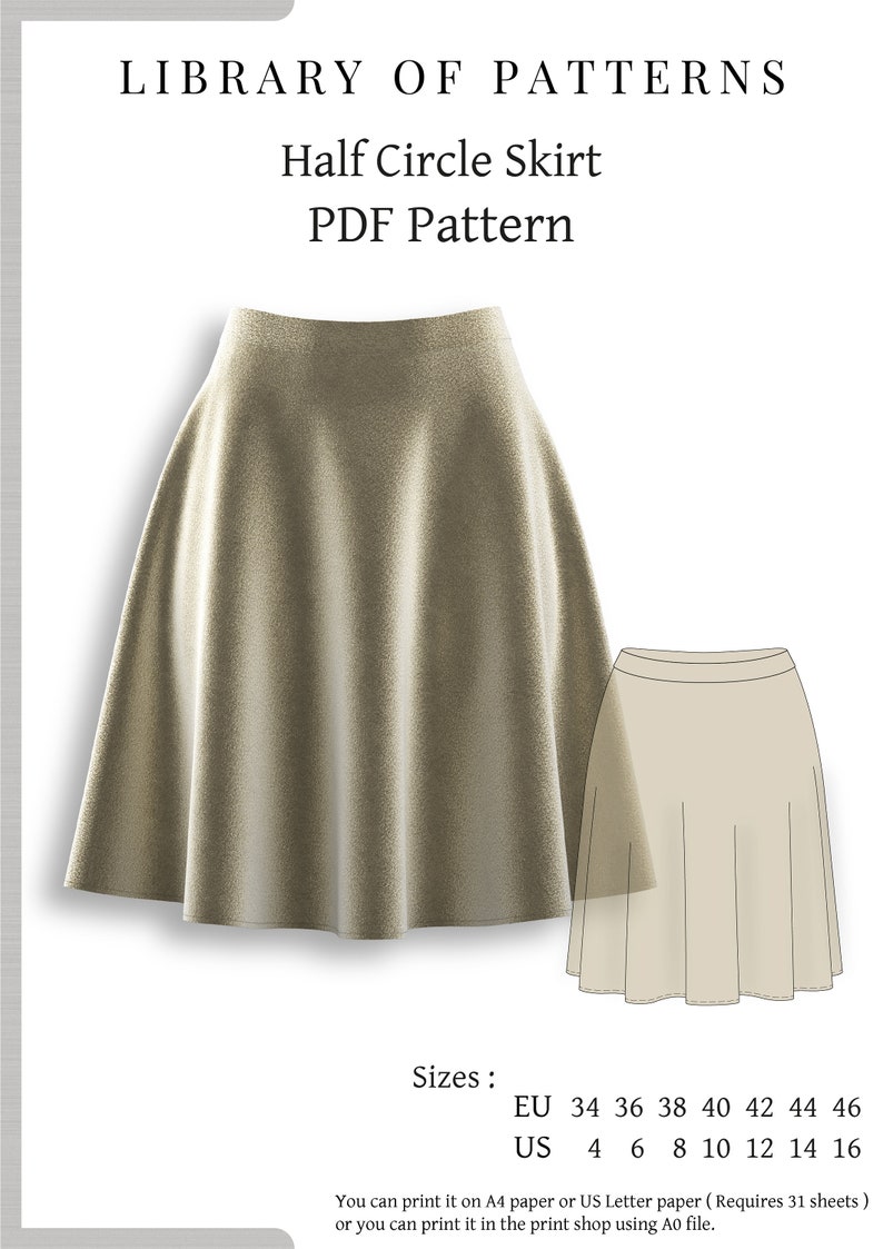 Half Circle Skirt Sewing Pattern With Lining, With Instructions to Sew ...