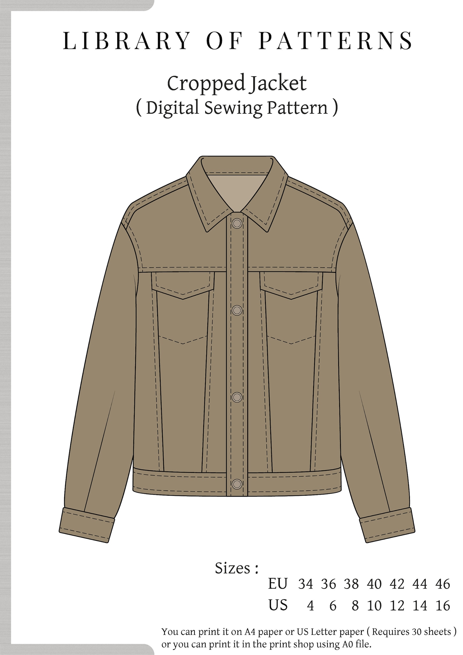 Cropped Jacket Sewing Pattern, With Written Instructions to Sew It. - Etsy