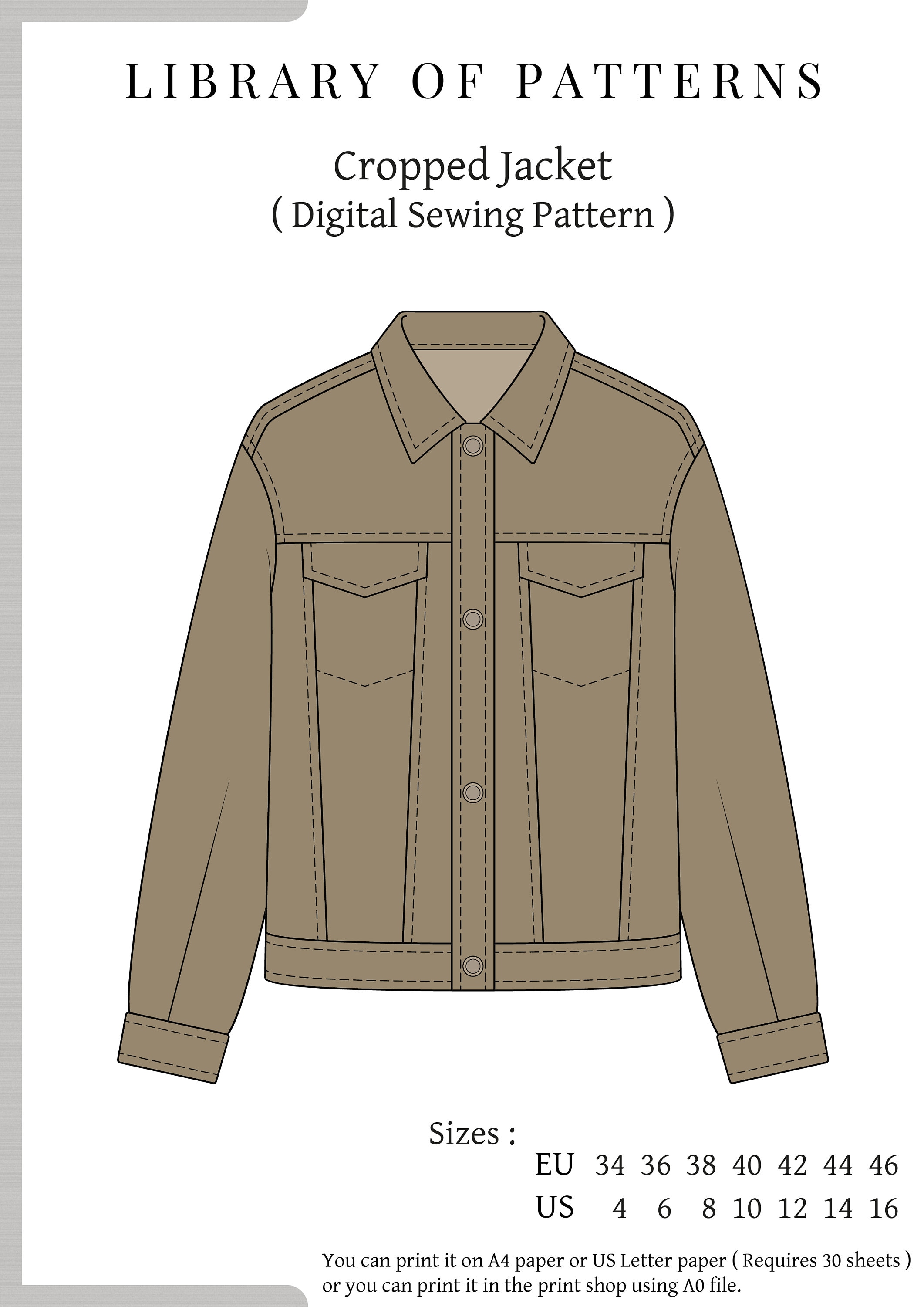 Cropped Jacket Sewing Pattern, With Written Instructions to Sew It. - Etsy