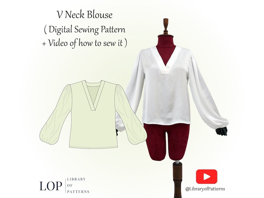 V-neck Blouse Sewing Pattern, With Video Instructions to Sew It, PDF ...