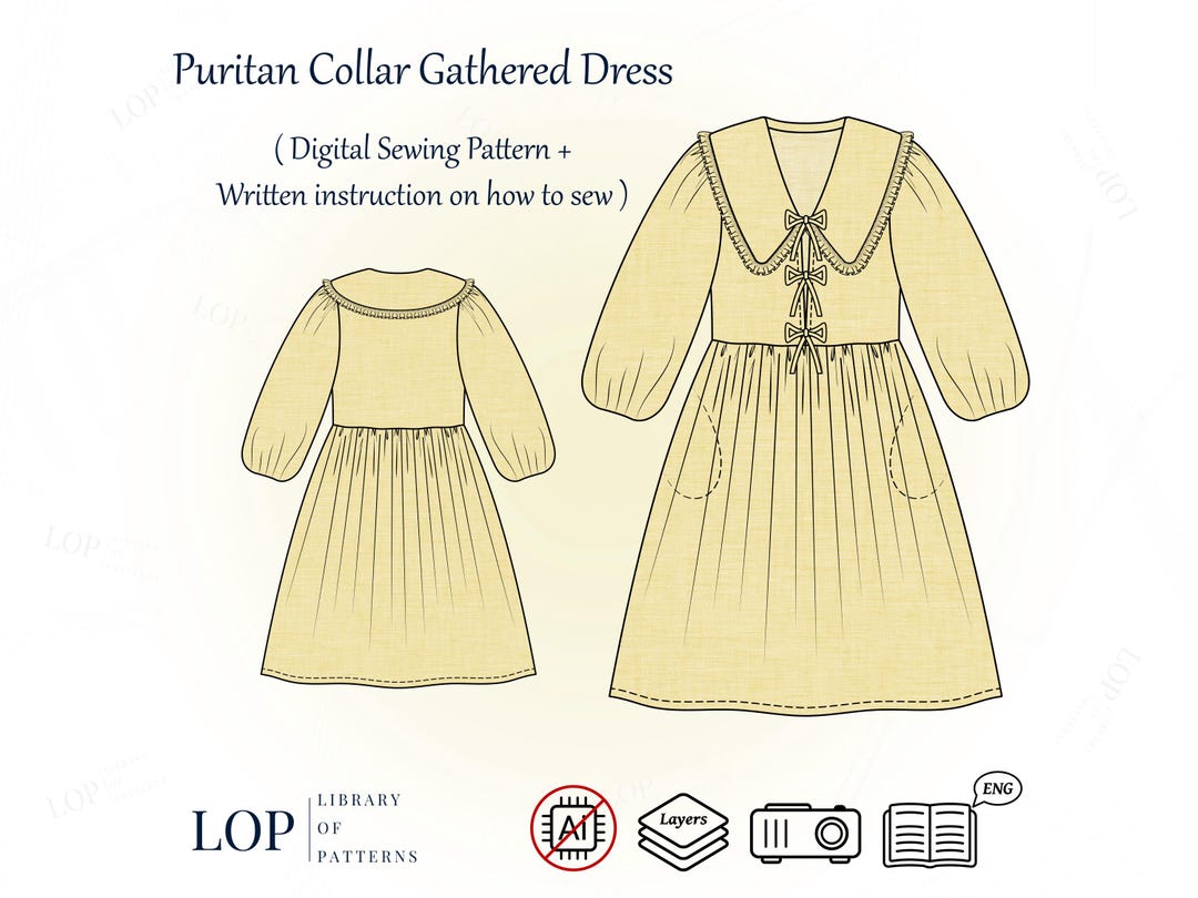 Puritan Collar Gathered Dress Pattern, Front Ties Puff Sleeves Pocketed ...