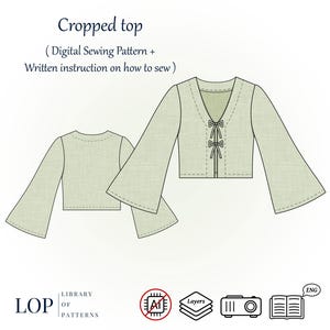 Cropped Top Sewing Pattern, Bell Sleeve Blouse, V Neck Tie Top, PDF Sewing Pattern With Written ...