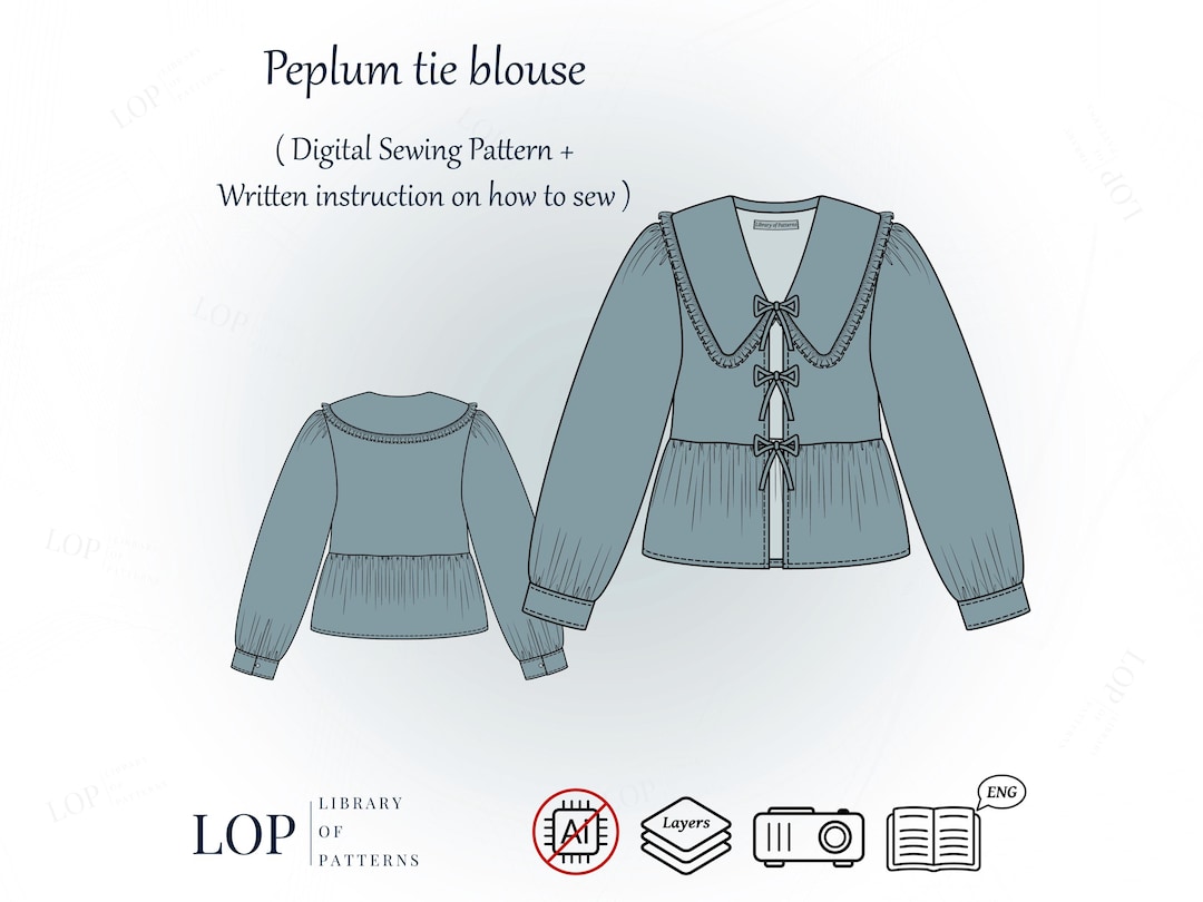 Peplum Tie Blouse Pattern, Puritan Collar Blouse, Written Instructions ...