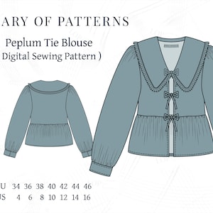 Peplum Tie Blouse Pattern, Puritan Collar Blouse, Written Instructions ...