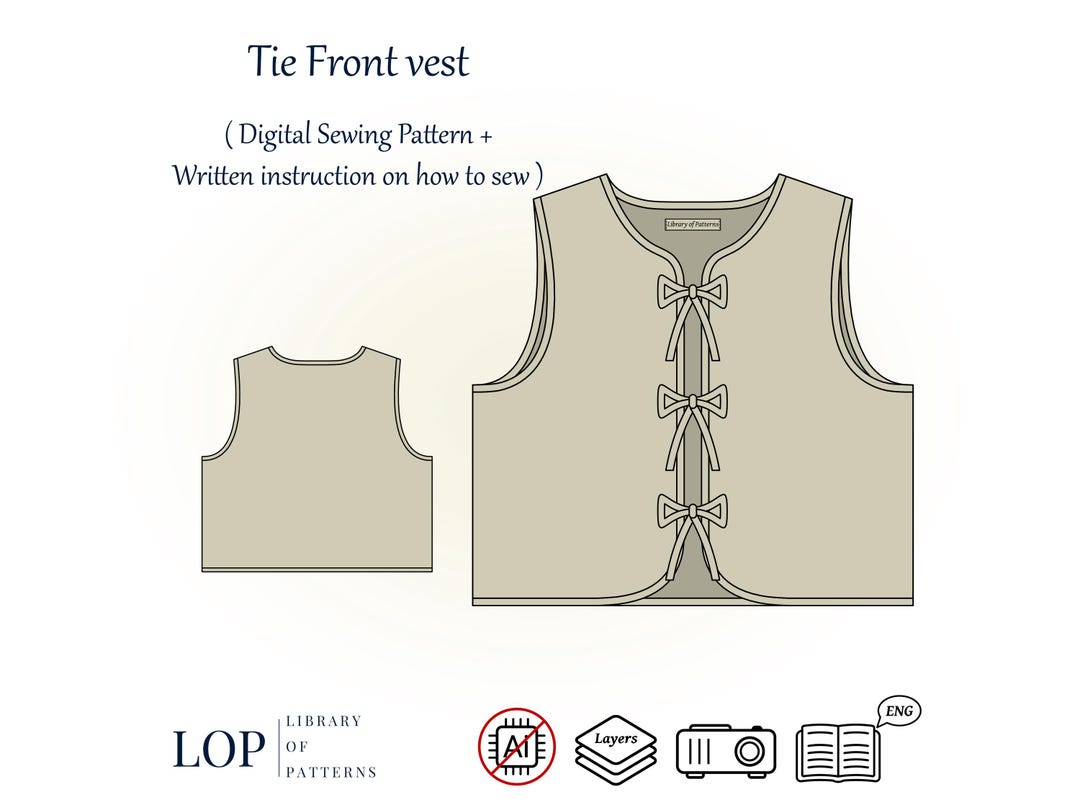 Tie Front Vest Pattern, Written Instructions to Sew It, Digital Sewing ...
