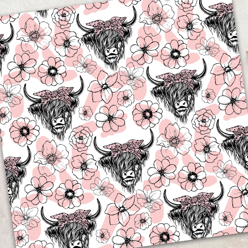 Highland Cow Floral Seamless Pattern Flower Highland Cow Tumbler Wrap ...