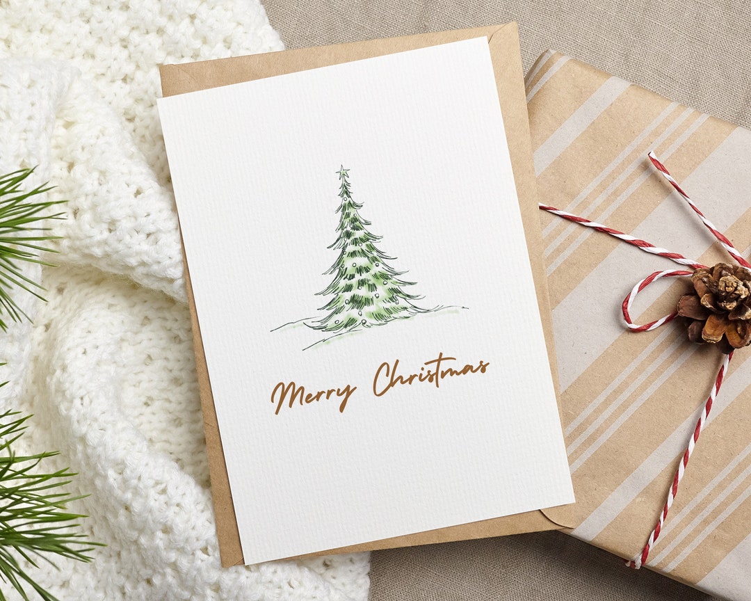 Merry Christmas Minimalist Tree Greeting Card, Digital Print, Holiday ...