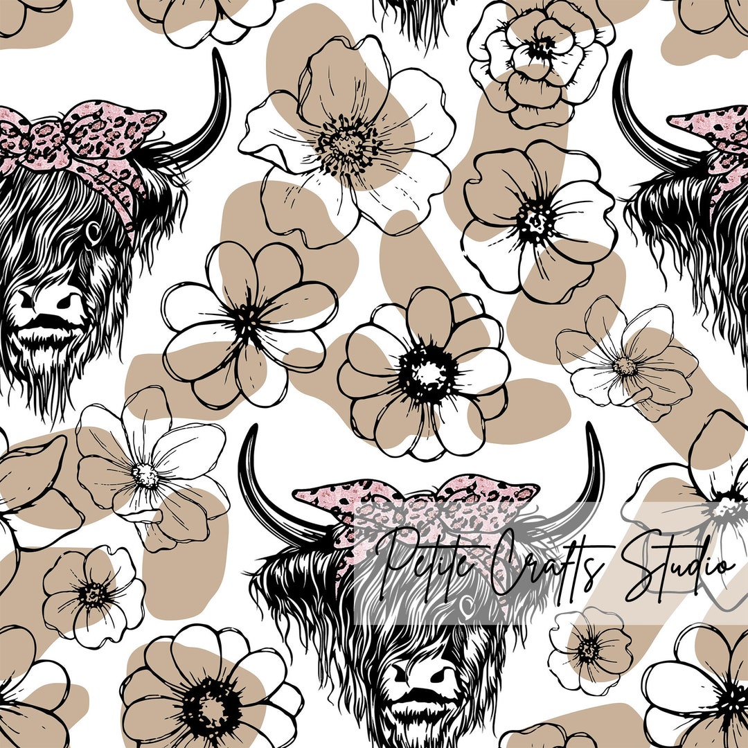 Boho Highland Cow Floral Seamless Pattern Boho Flower Highland Cow ...