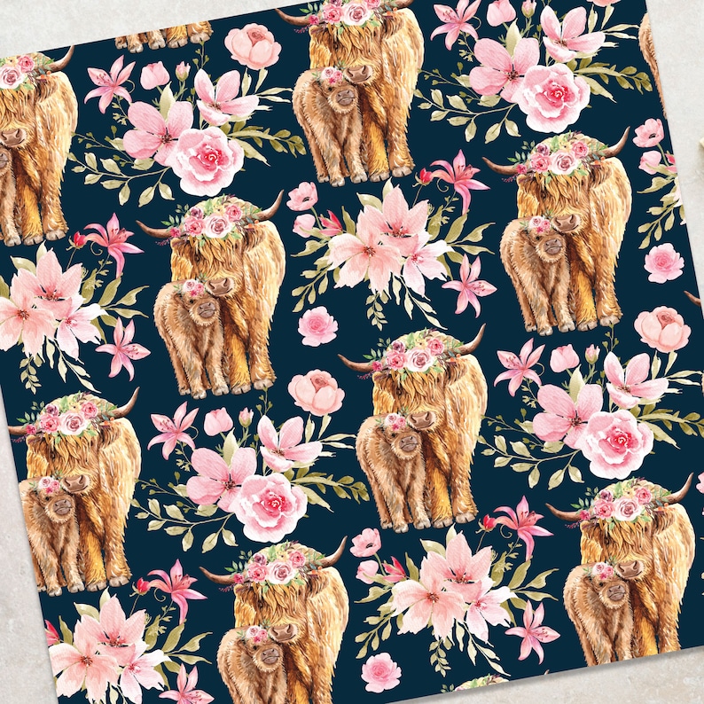 Boho Highland Cow Seamless Pattern – Rustic Farmhouse Digital Paper ...