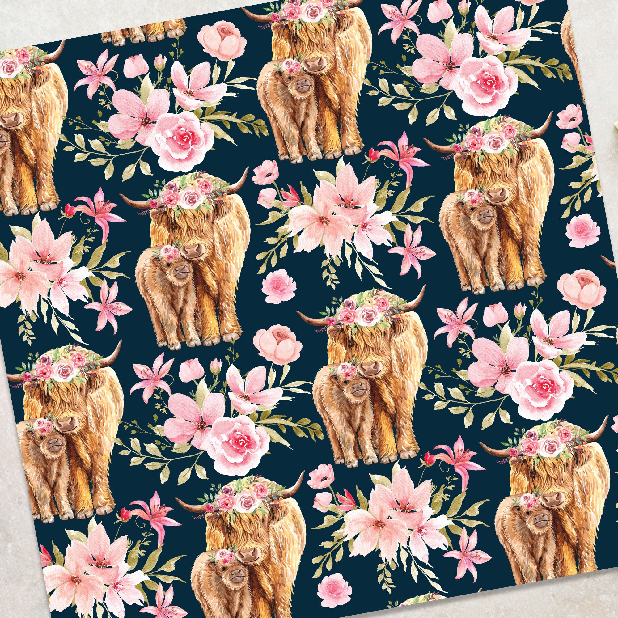 Boho Highland Cow Seamless Pattern – Rustic Farmhouse Digital Paper ...