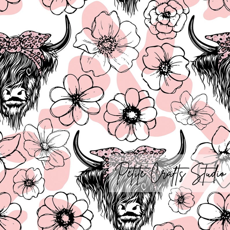 Highland Cow Floral Seamless Pattern Flower Highland Cow Tumbler Wrap ...