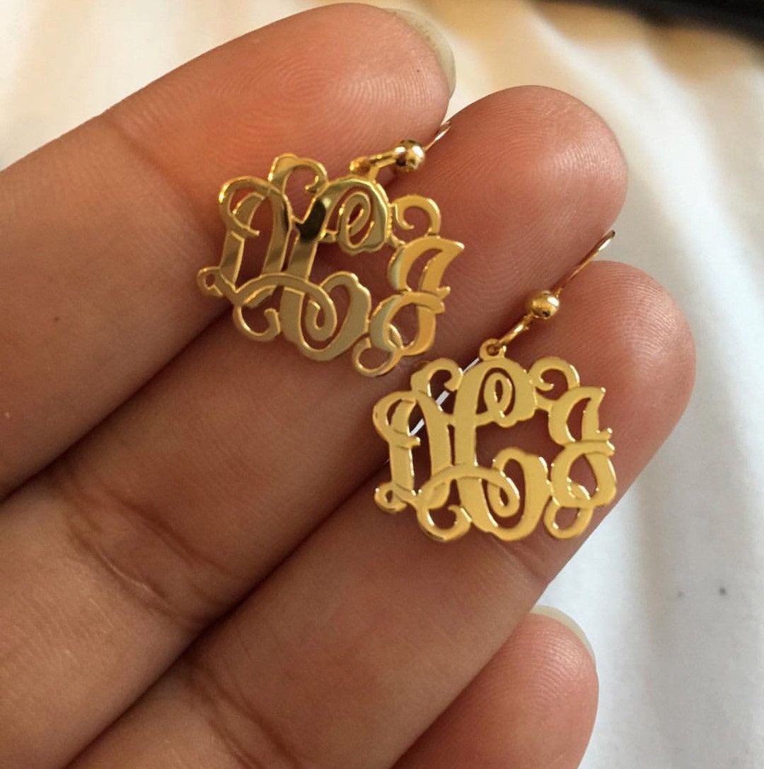 14k Solid Gold Monogram Earrings Personalized - Etsy