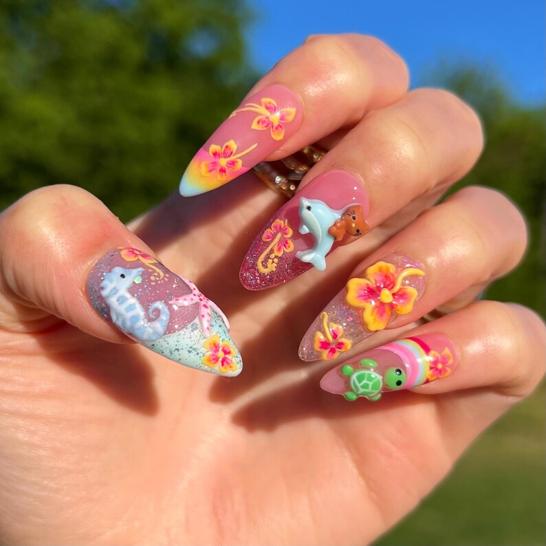 Hawaiian Hello Kitty Summer Ocean Press-on Nails | 3D Sea Animals & Hibiscus Flowers | Tropical ...