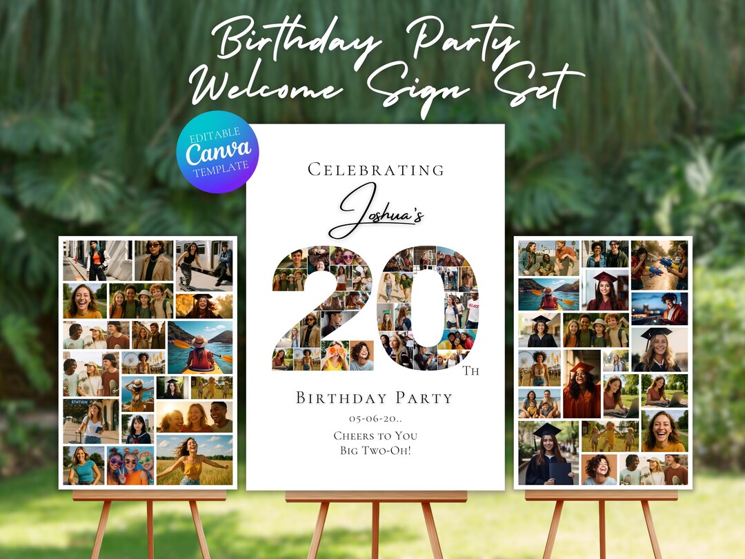 20th Birthday Party Welcome Board Photo Collage Canva Template ...