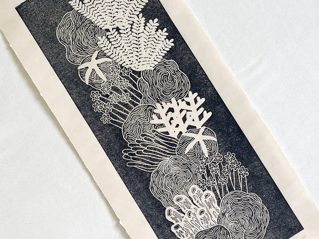 Coral Reef at Night Linoprint, Art Print, Linocut - Etsy