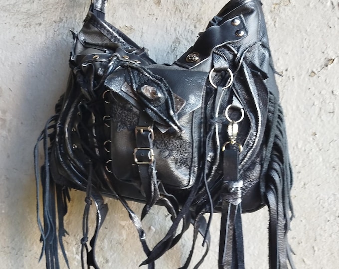 Black and Gray Leather Gothic Fringe Hobo Crossbody Bag: Crystal Tassel ...