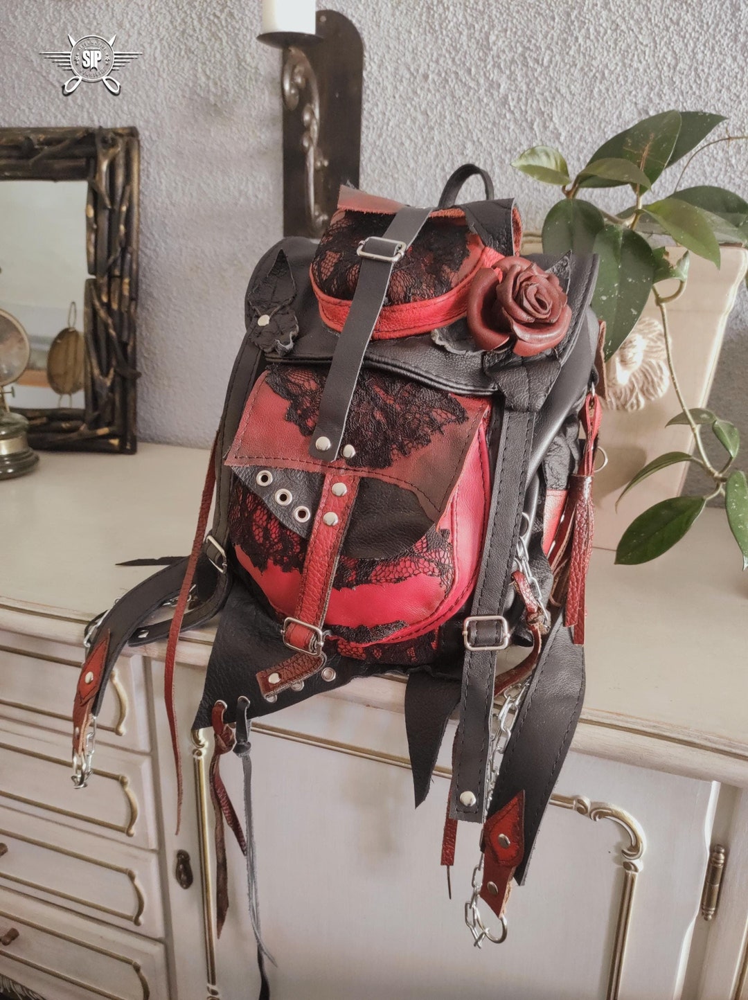 Gothic Leather Backpack With Rose, Distressed Dirty Style, Lace ...