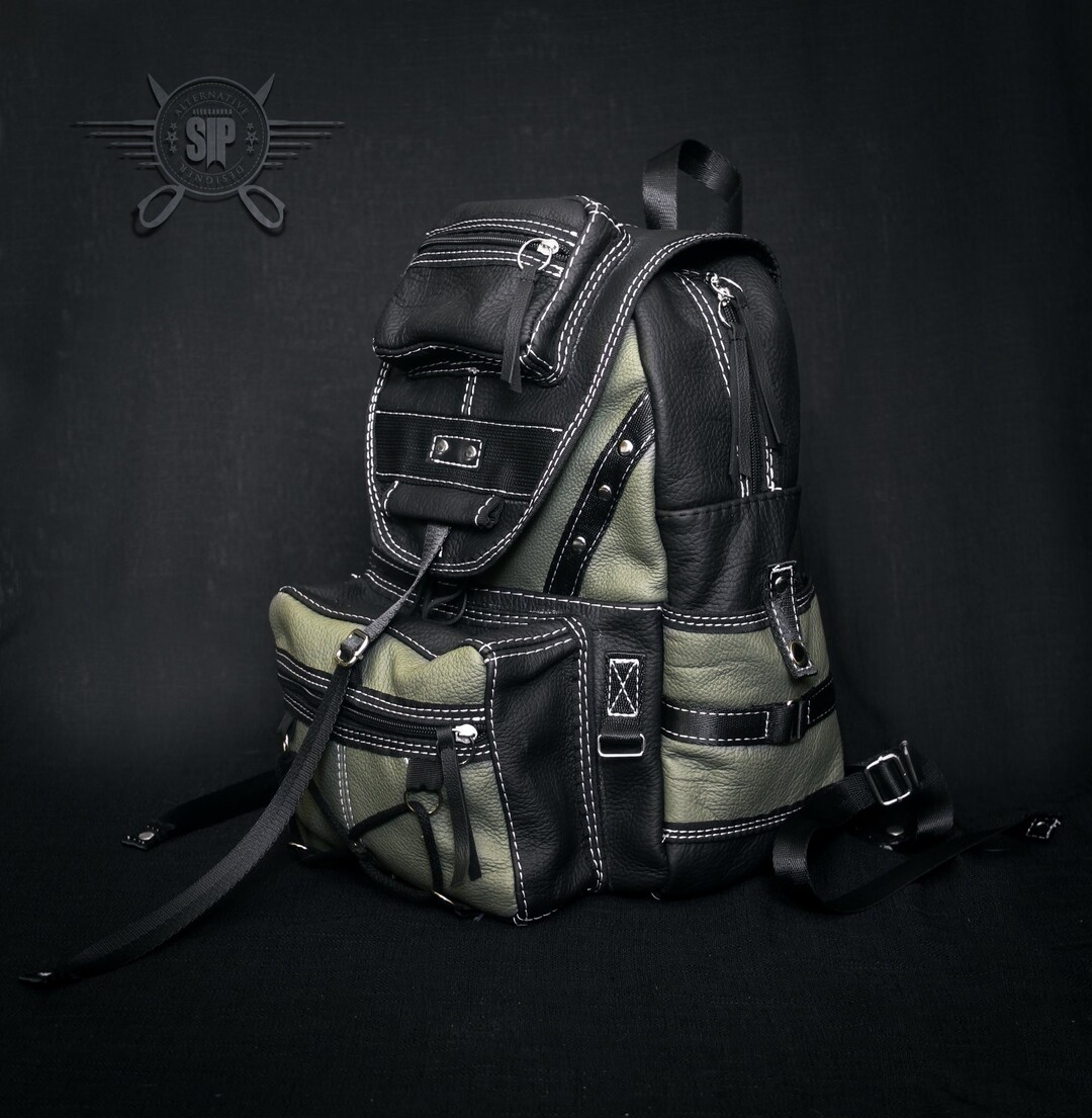 Black and Khaki Big Leather Backpack, Techwear, Military, Grunge, Rock ...