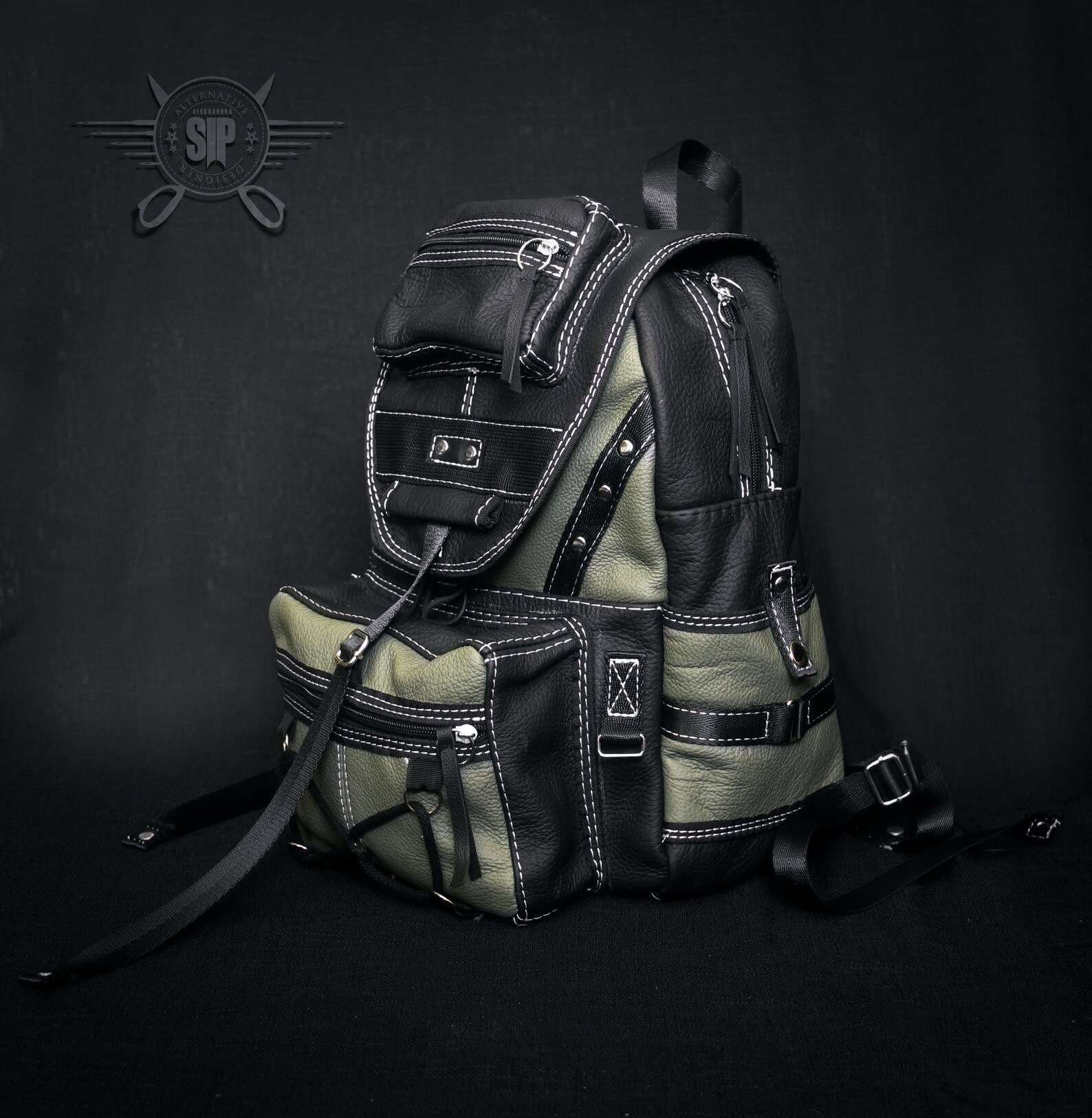 Black and Khaki Big Leather Backpack, Techwear, Military, Grunge, Rock ...