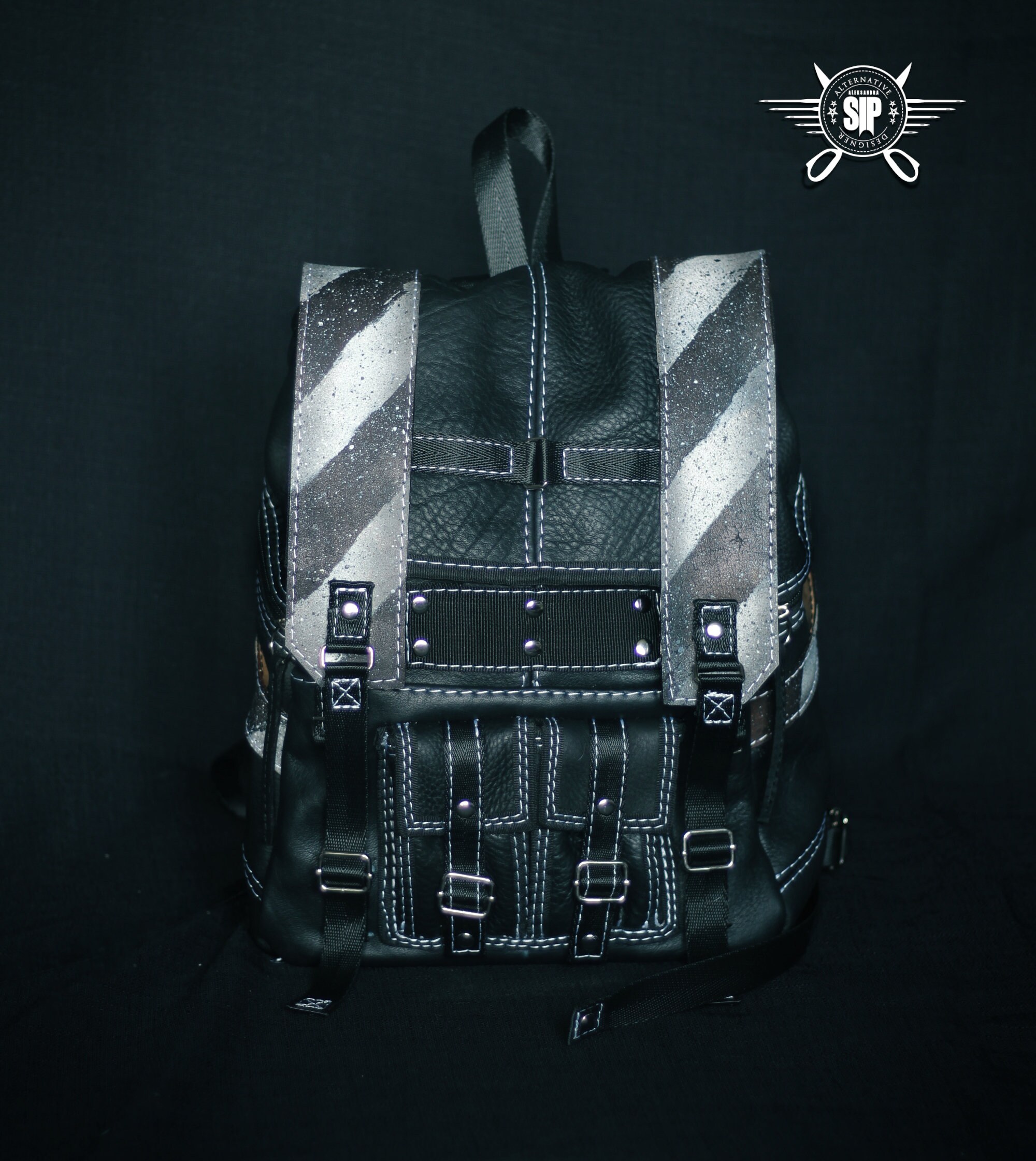 Black Leather Big Backpack, White Straps, Techwear, Postapocalyptic ...