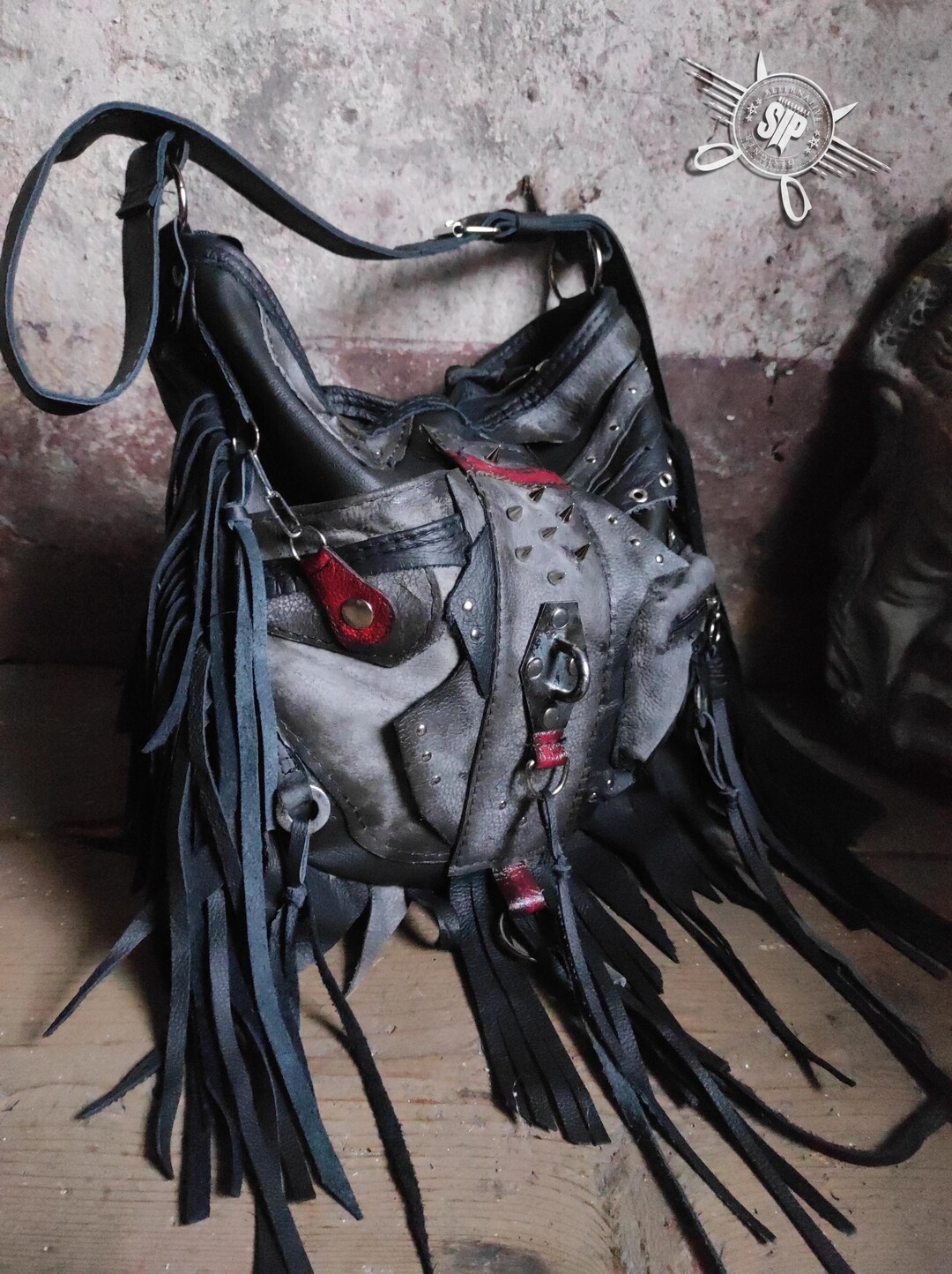 Black, Gray and Wine Red Leather Distressed Fringed Bag, Metalhead ...