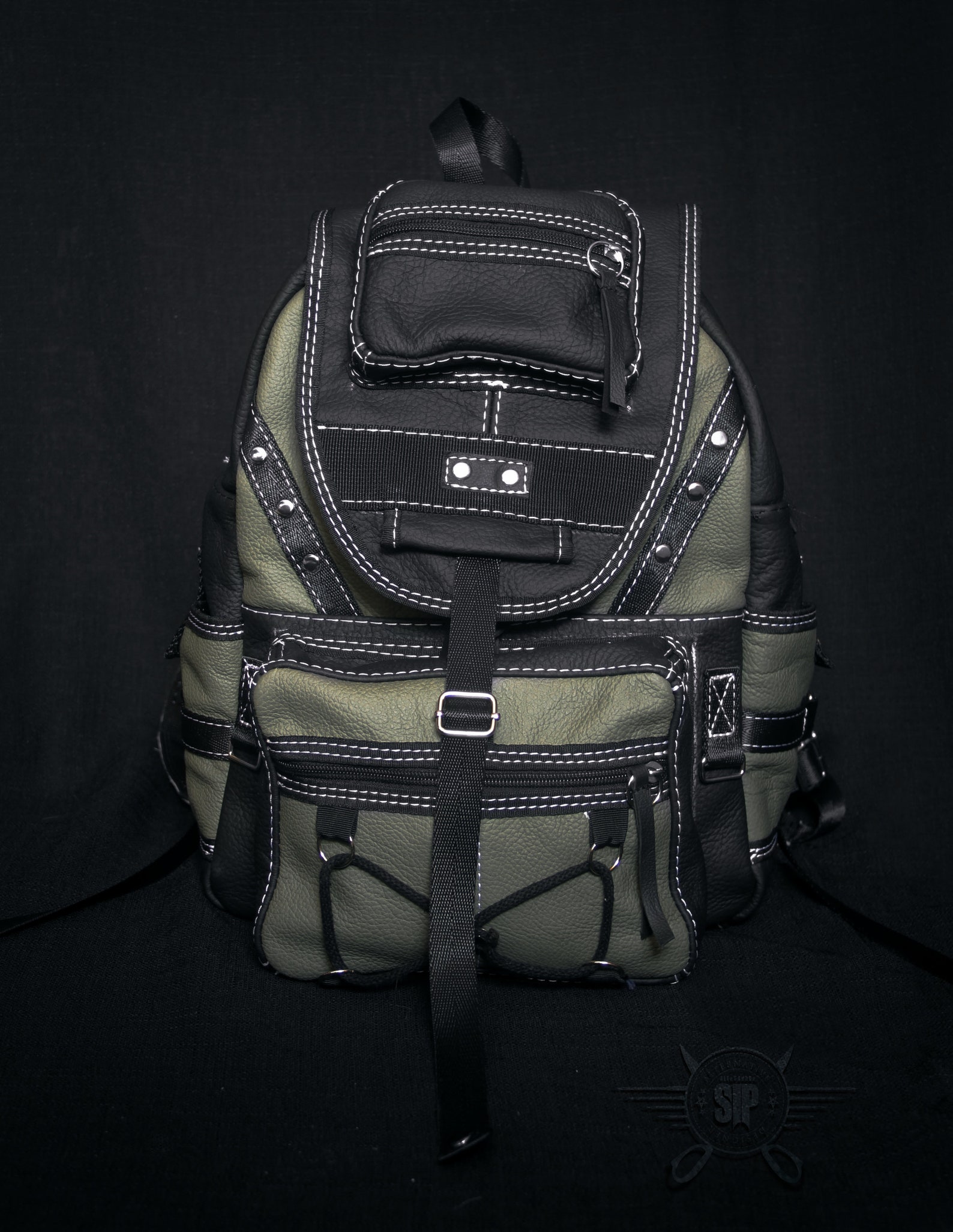 Black and Khaki Big Leather Backpack, Techwear, Military, Grunge, Rock ...
