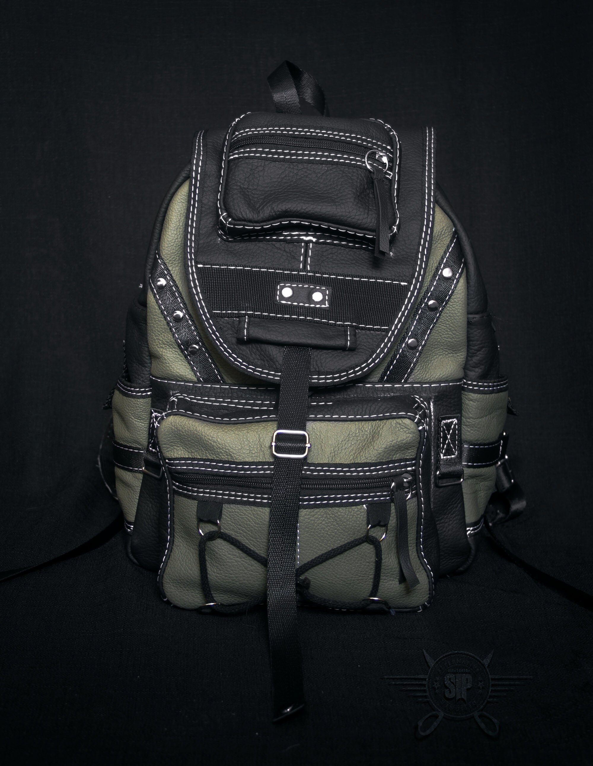 Black and Khaki Big Leather Backpack, Techwear, Military, Grunge, Rock ...