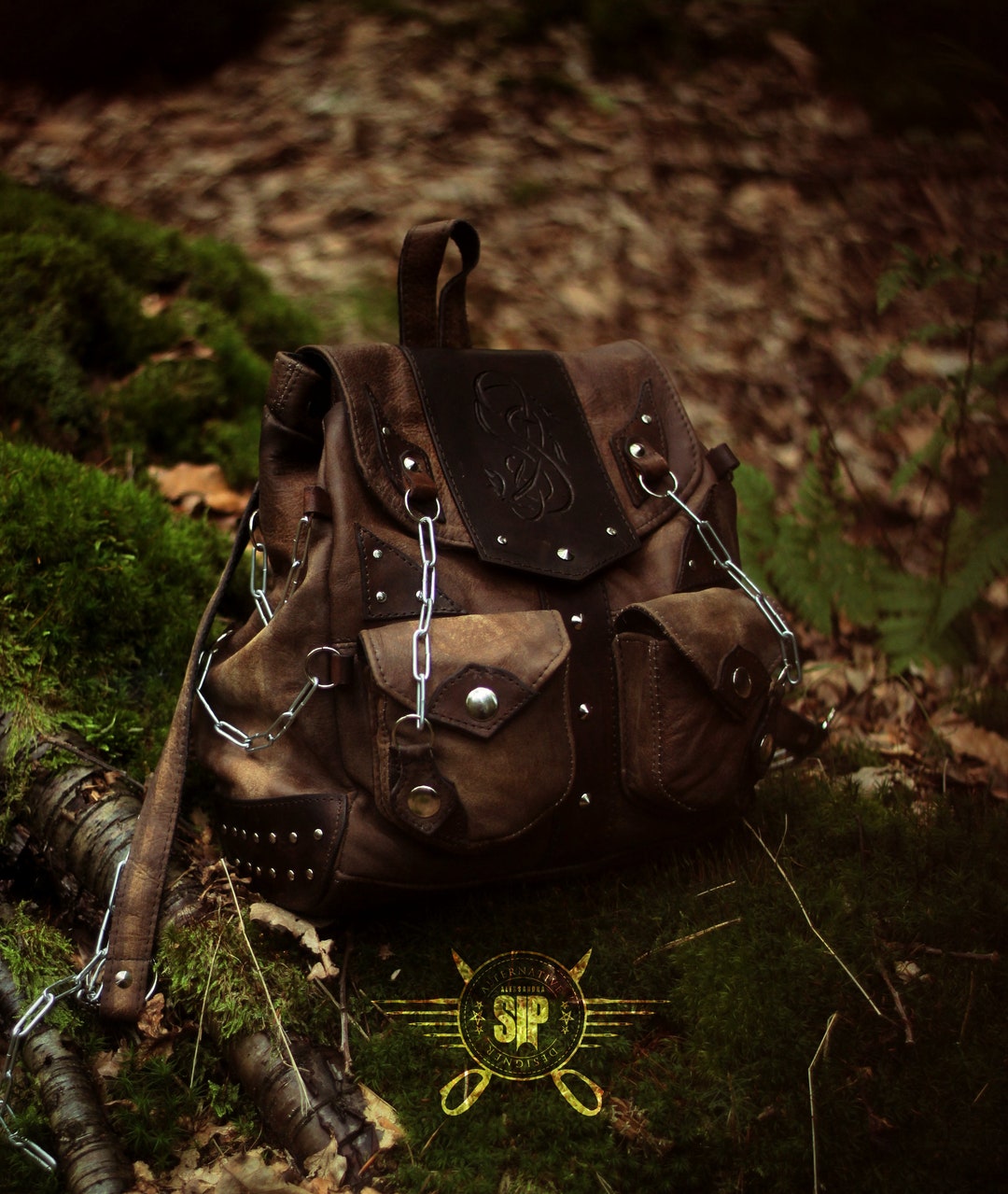 Brown Backpack Chains, Rivets, Studs, Ornamental, Hand-made Embossing ...