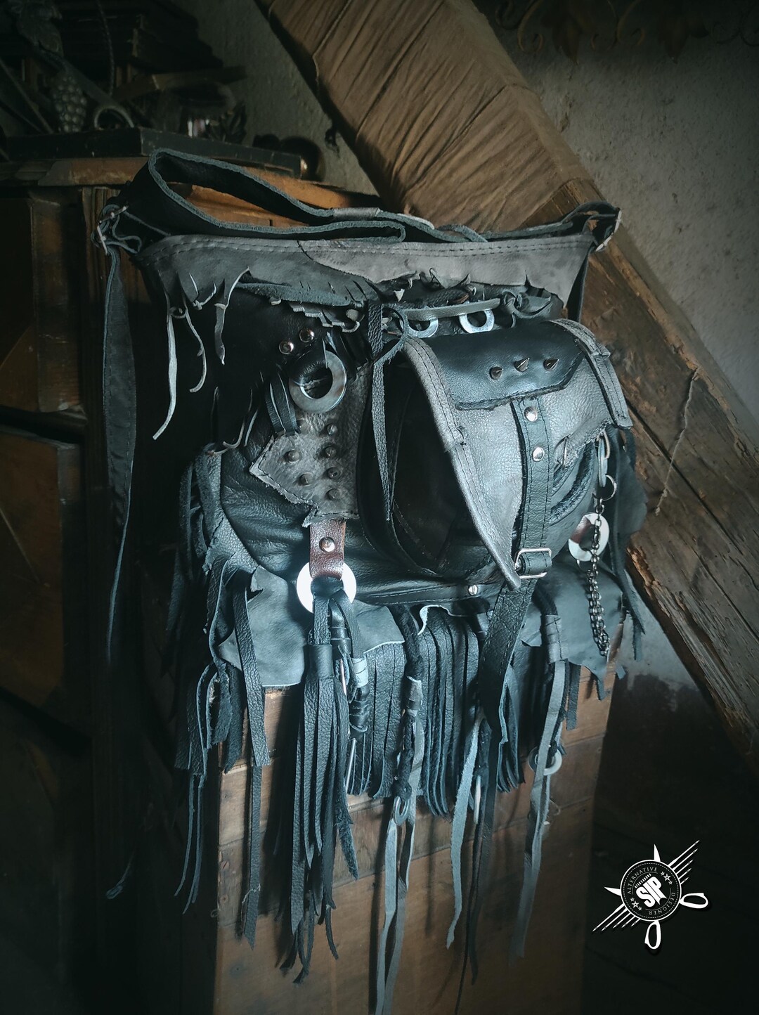 Black Metal Black and Gray Bag Made of Genuine Leather With Spikes ...