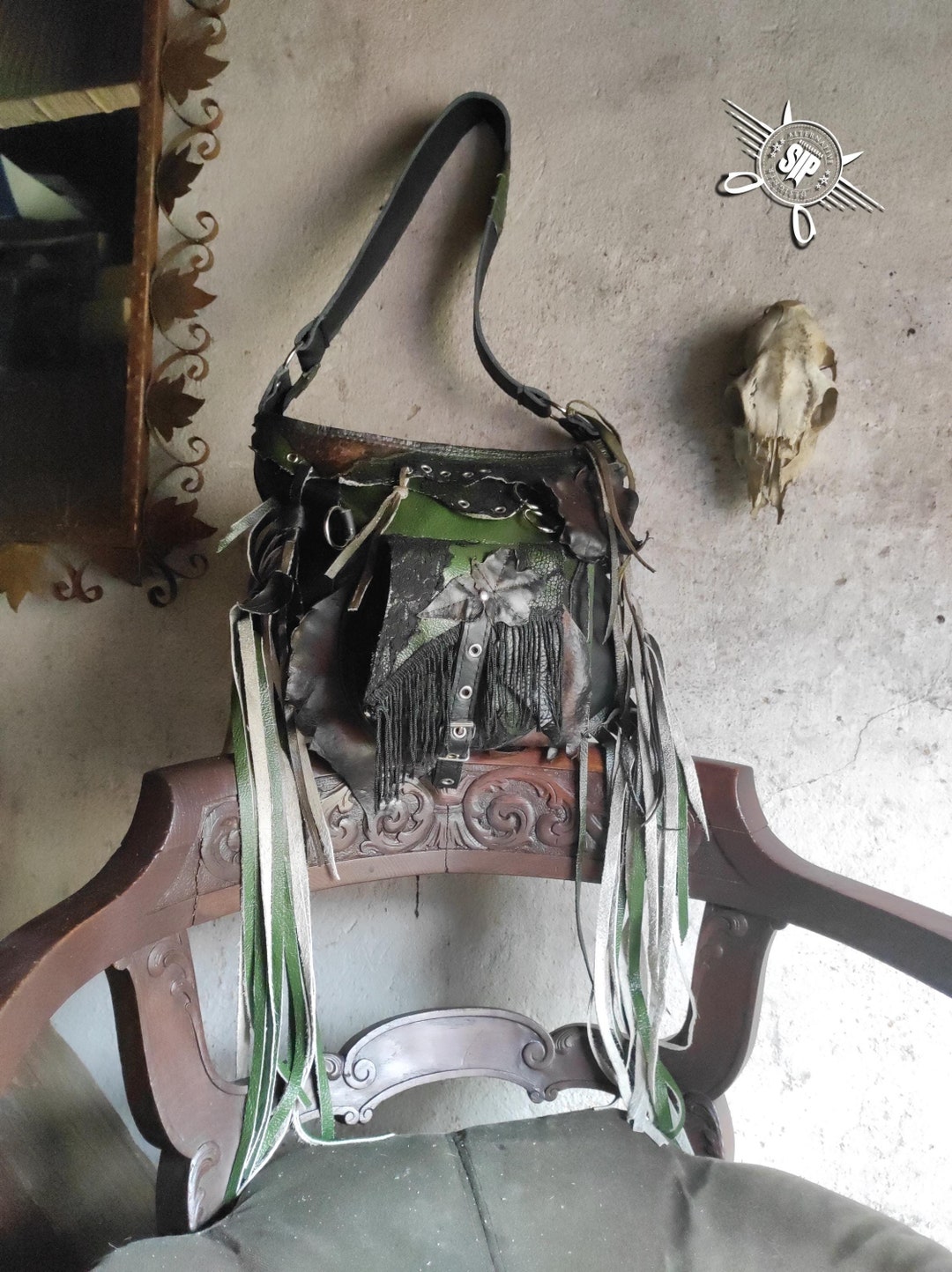 Green, Black and Dark Brown Hobo Bag With Fringes, Leaf Motif Gothic ...