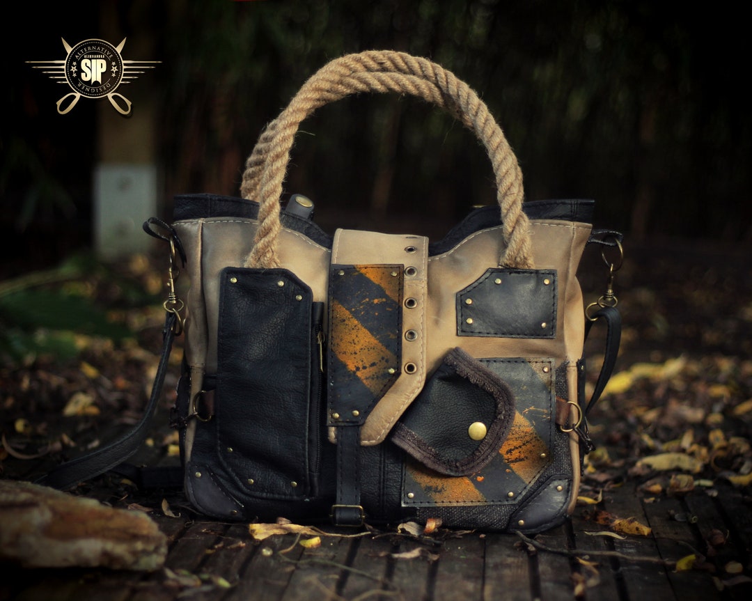 Ecru and Black Genuine Leather Post-apocalyptic Bag With Jute Rope ...