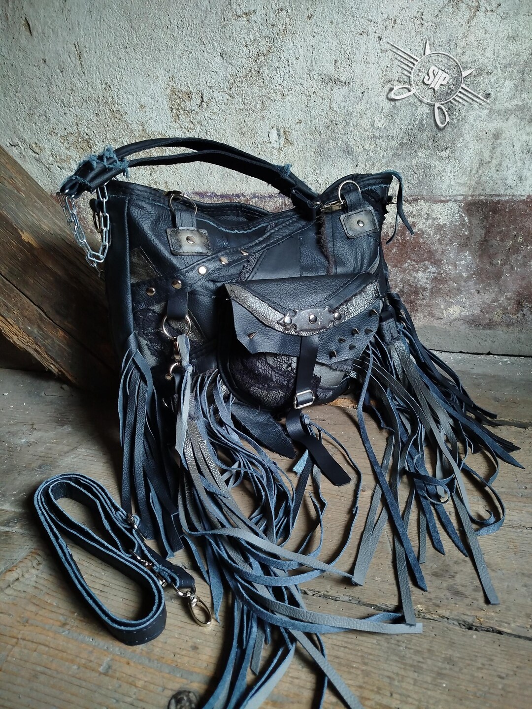 Black and Gray Genuine Leather Tote/crossbody Bag With Fringes ...