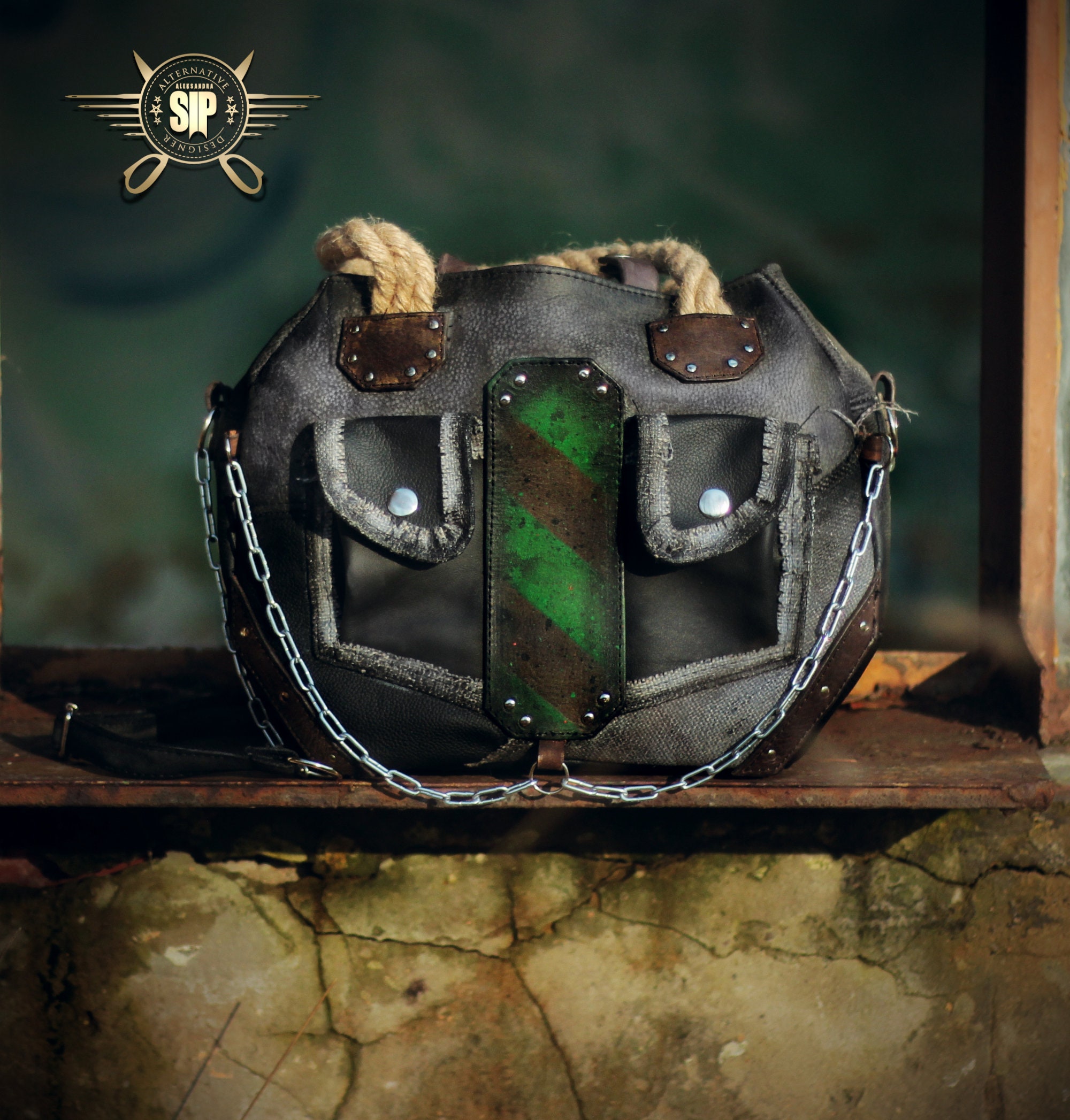 Grey, Black and Green Post-apocalyptic Octagonal Bag With Chains and ...