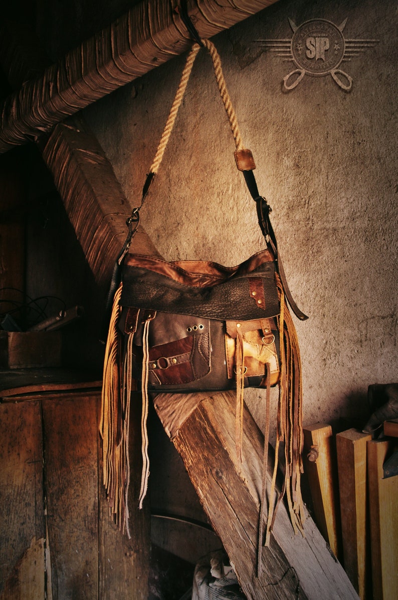 Dark Rustic, Raw, Goblin Core, Brown and Black Tattered Leather Bag ...