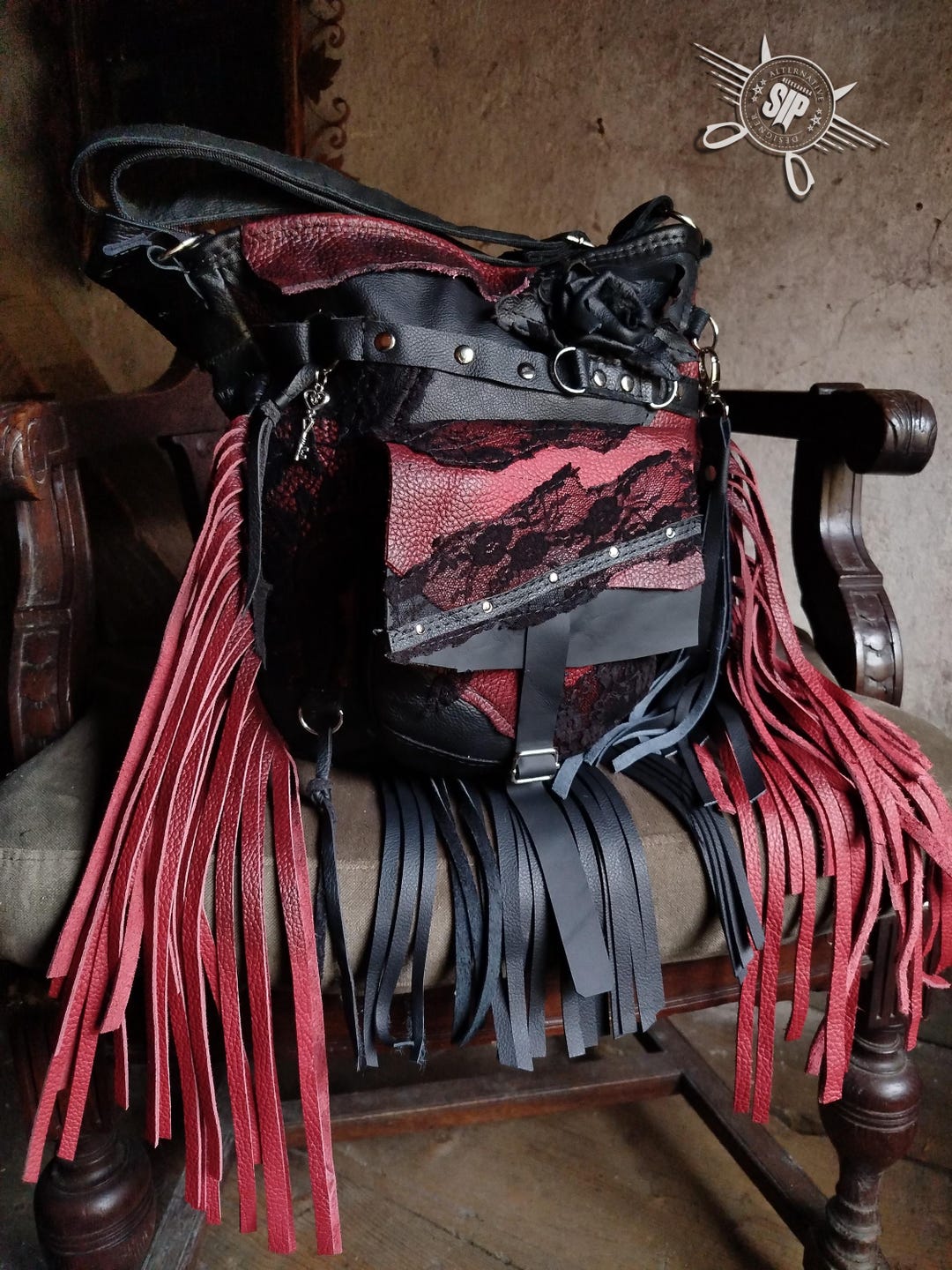 Gothic Burgundy and Black Leather Hobo/crossbody Bag, Leather Roses and ...