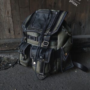 Khaki Green and Black Big Leather Backpack in Techwear, Military Style ...