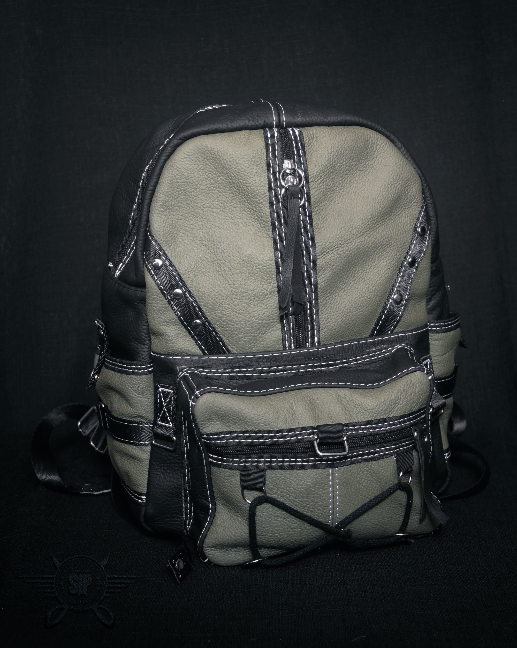Black and Khaki Big Leather Backpack, Techwear, Military, Grunge, Rock ...