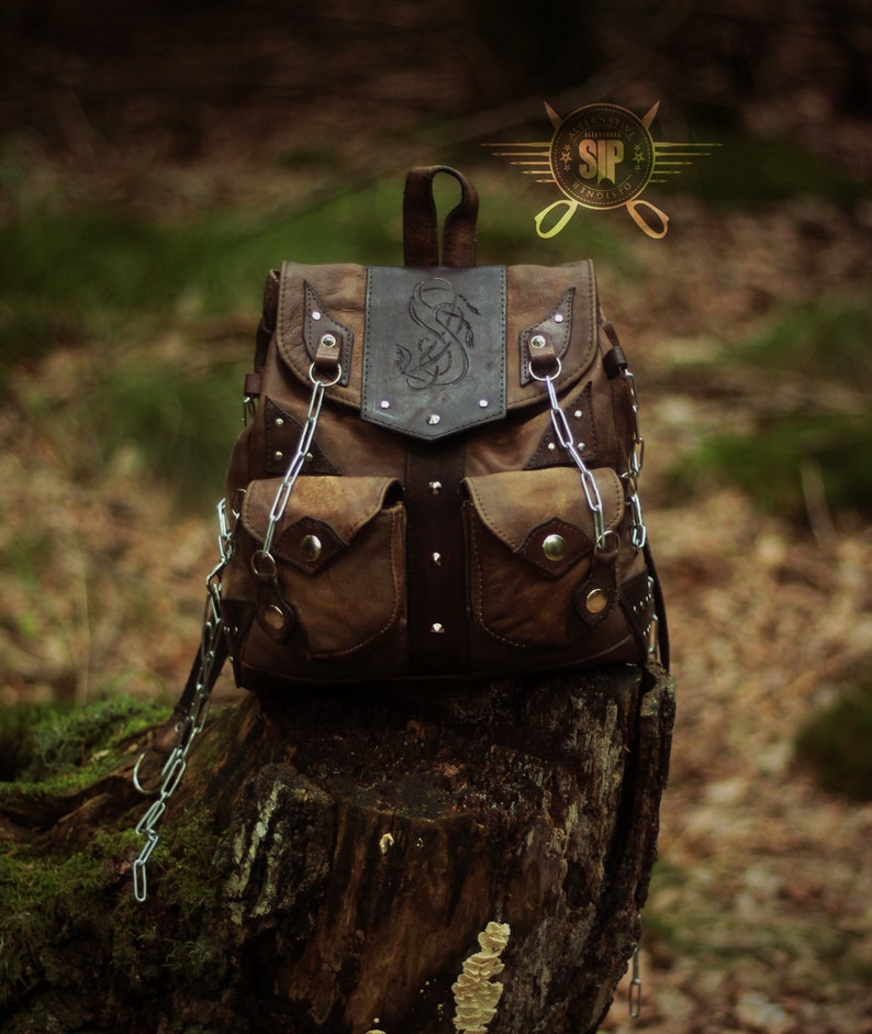Brown Backpack Chains Rivets Studs Ornamental Hand-made - Etsy