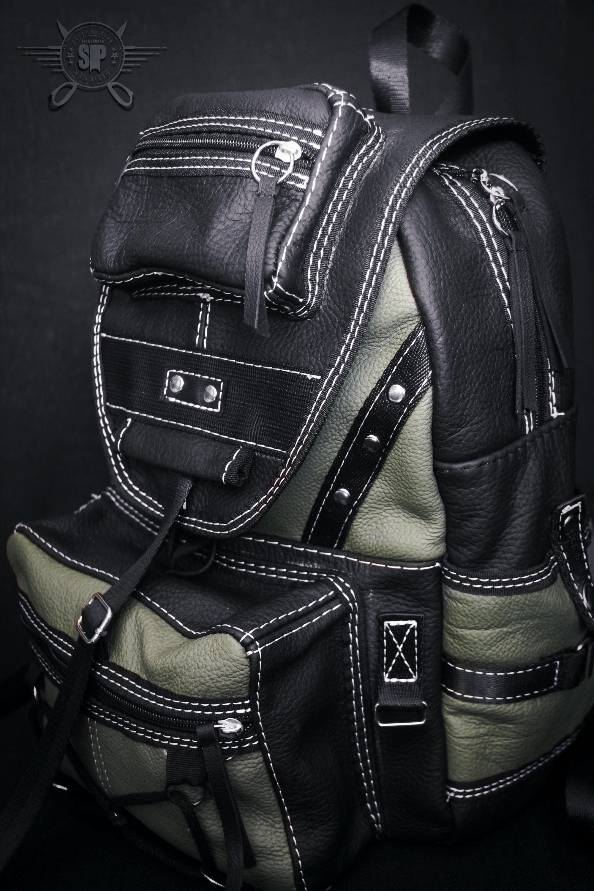 Black and Khaki Big Leather Backpack, Techwear, Military, Grunge, Rock ...