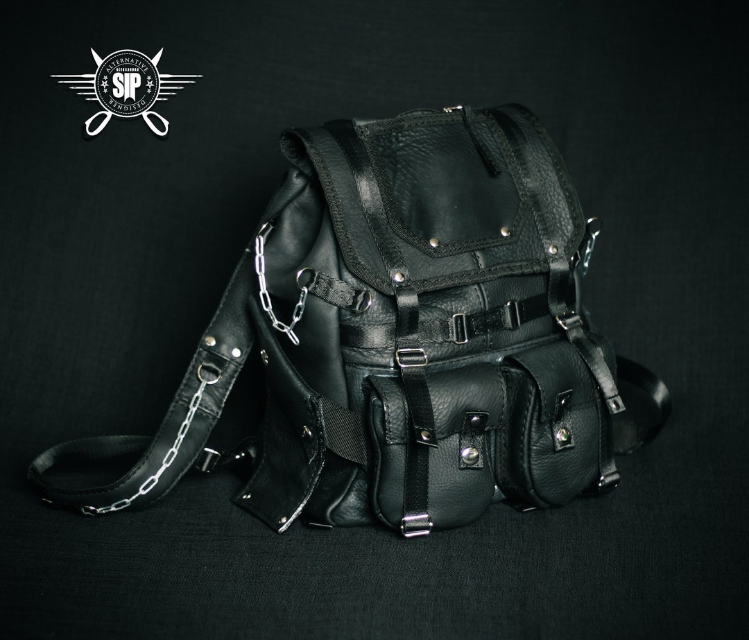 Black Leather Backpack in Techwear, Military Style, Alternative, Grunge ...